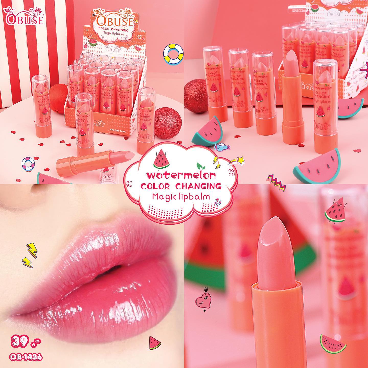 (12แท่ง/กล่อง) Obuse โอบิวซ์ คัลเลอร์ เช้นจ์ เมจิก ลิปบาล์ม มี 3 กลิ่น ...
