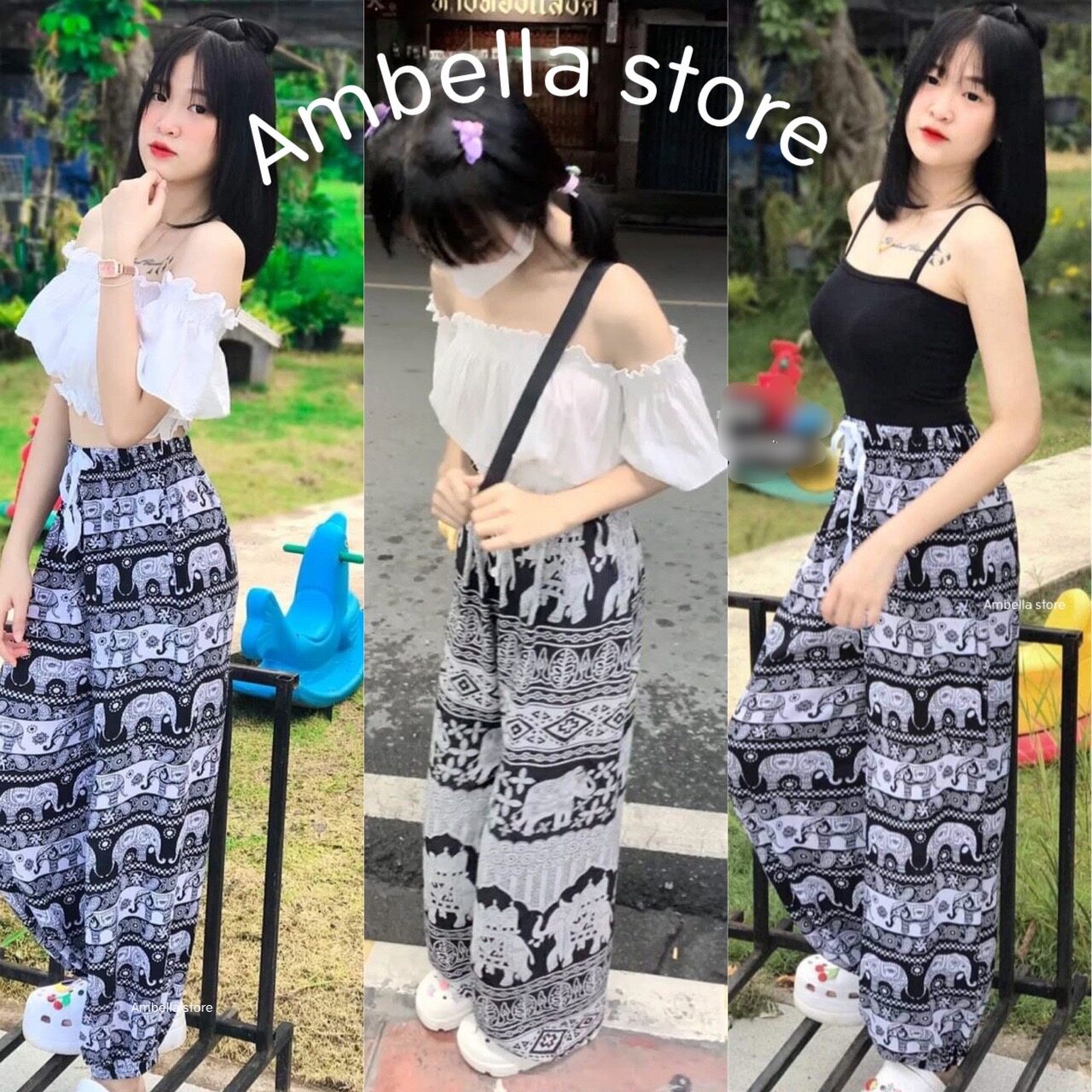 Ambella เสื้อปาดไหล่ กางเกงช้าง ชุดเซท2ชิ้นแฟชั่น เสื้อผ้าผู้หญิง ชุด ...