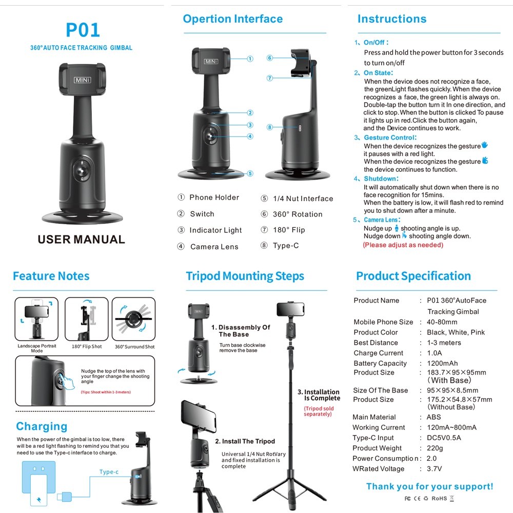 P01 Auto Face Tracking Phone selfie stick Smart 360rotation holder AI Follow-Up video Vlog Live ...