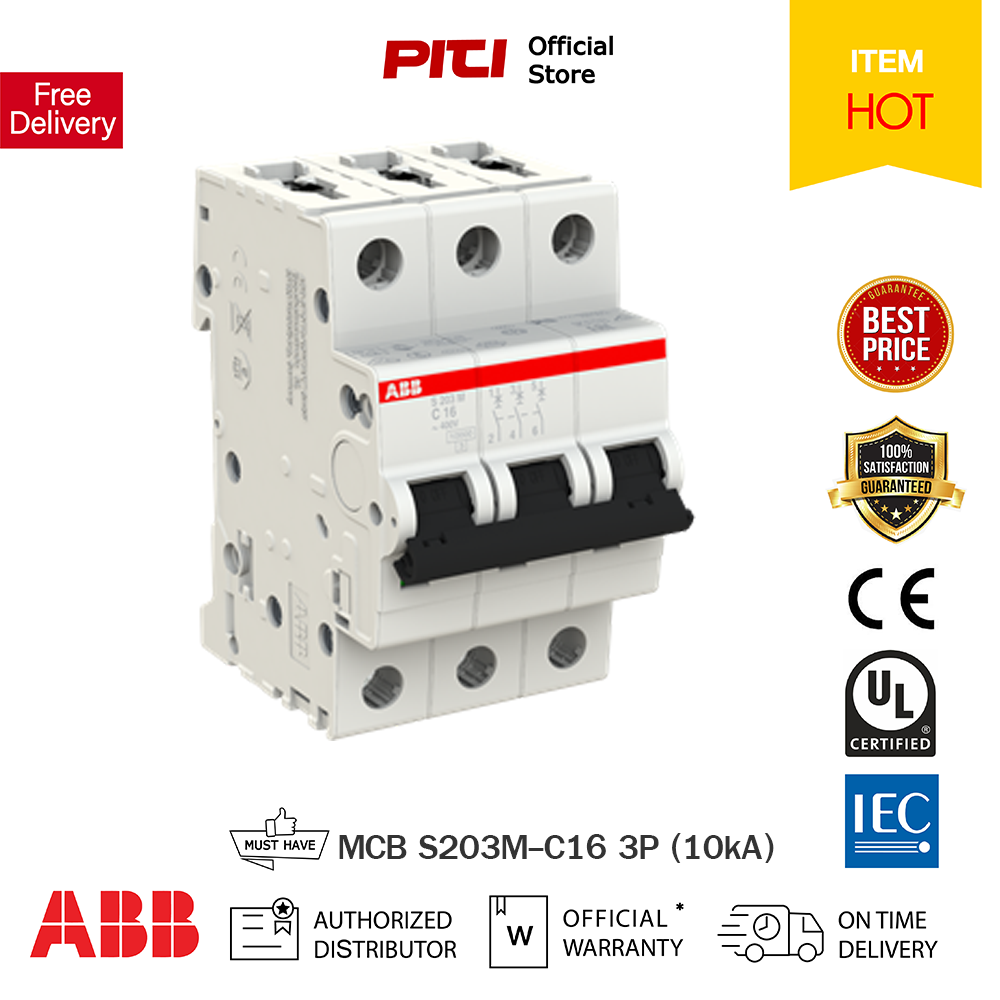 ABB S203M-C16 Miniature Circuit Breaker เซอร์กิตเบรกเกอร์ ABB MCB 16Amp,3Pole (10kA) ABB ต้องที่ ...