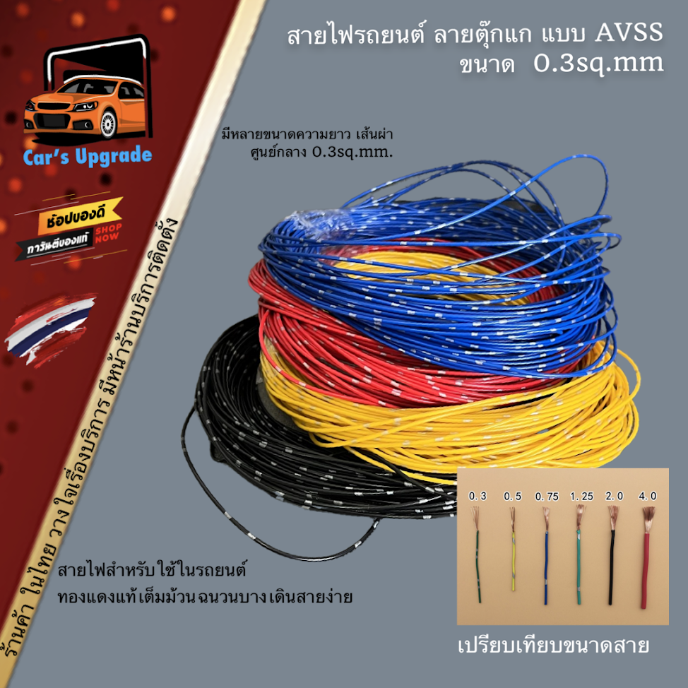 สายไฟรถยนต์ ลายตุ๊กแก AVSS ขนาด 0.3 sq.mm ความยาว 10 /20 เมตร ไส้ทองแดงแท้ เปลือกบาง ใส้ในเต็ม ...