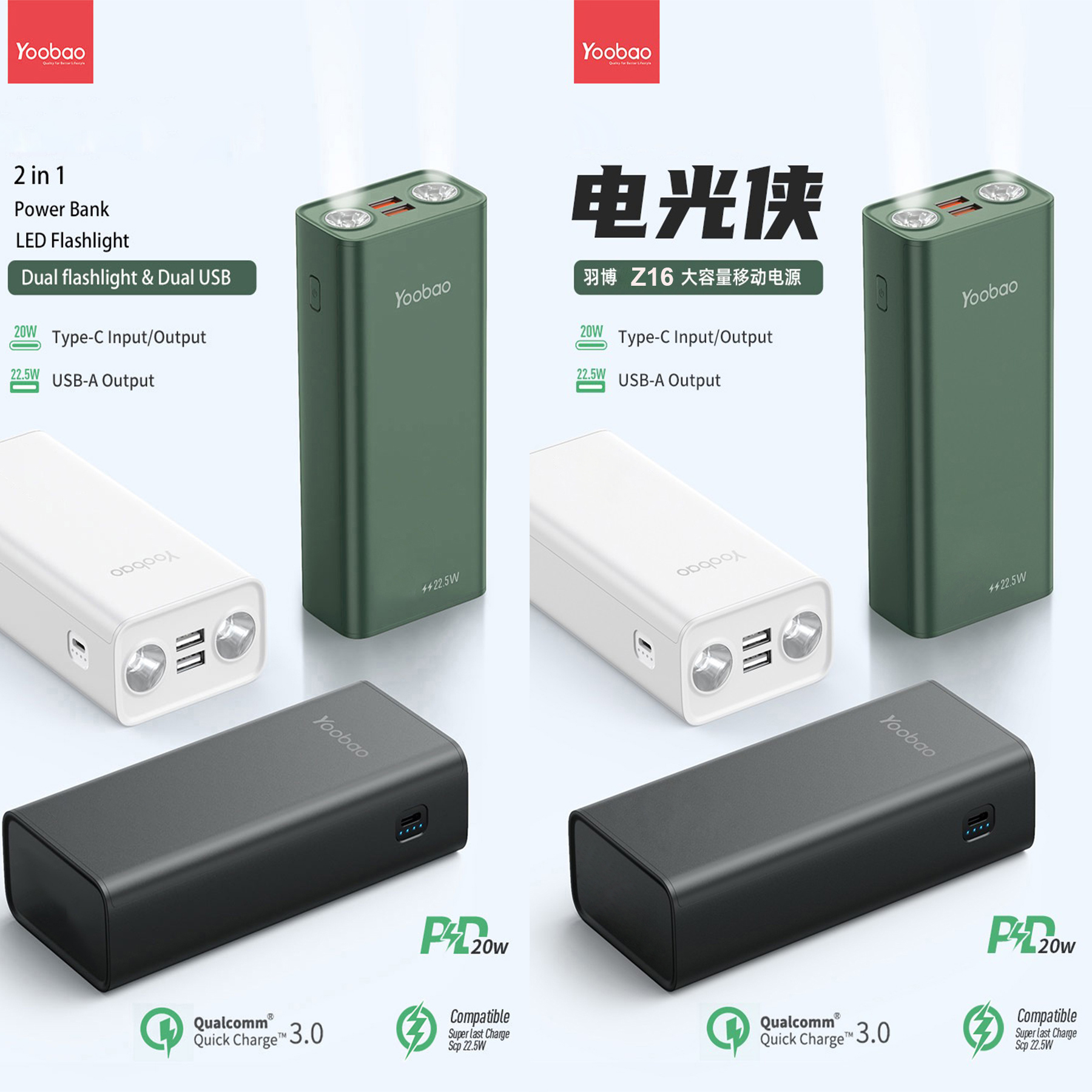 Yoobao Z15-Z16 (ฟรีซองกันน้ำ) PD3.0 Quick Charge 22.5W/10W USB2.1A Fast Charge Power Bank ...