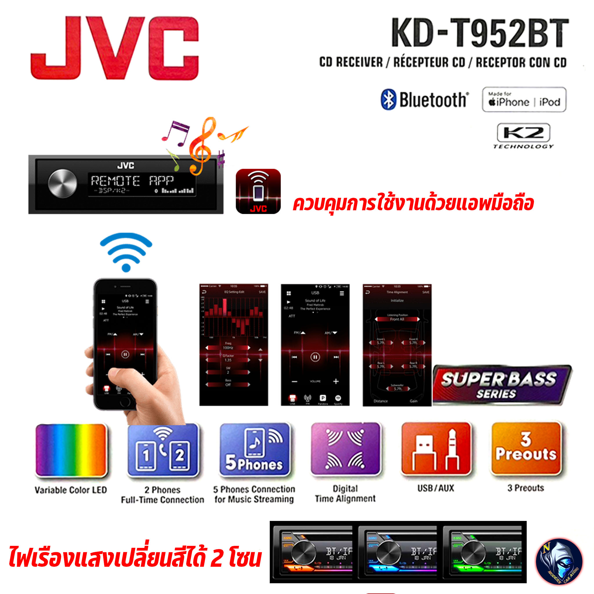 JVC รุ่น KD-T952BT วิทยุรถยนต์ 1din เล่นแผ่น CD MP3 บลูทูธ USB AUX FM PREOUT 3 ชุด FRONT REAR ...