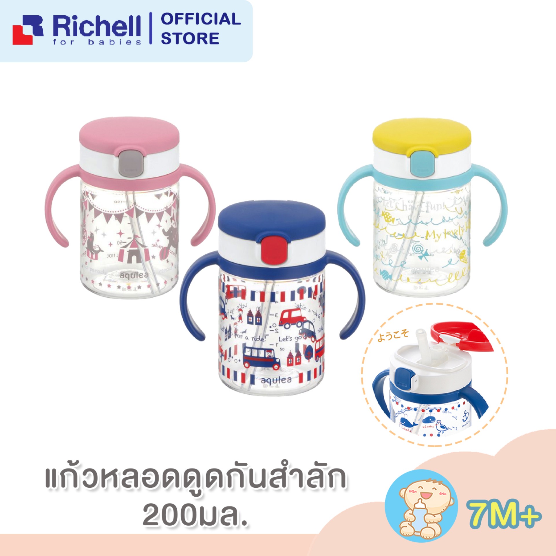 Richell ริเชล (ริชเชล/รีเชล)แก้วหลอดดูดกันสำลักรุ่น AQULEA (200 ml) แก้วหลอดดูด แก้วกันสำลัก แบบ ...