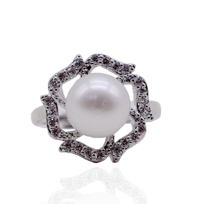 Flower Rings Round Natural Freshwater Pearl Silver Rings Zirconia Adjustable Engagement Rings ...