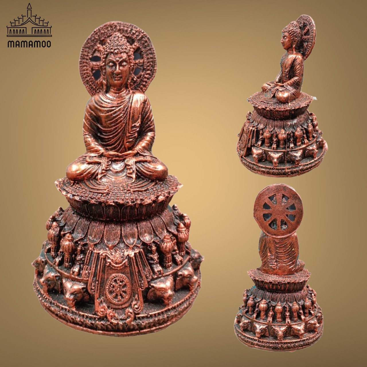 พระพุทธรูปปางสมาธิ ด้านหลังทรงธรรมจักร ประทับนั่งบนดอกบัว เนื้อเรซิ่น ...