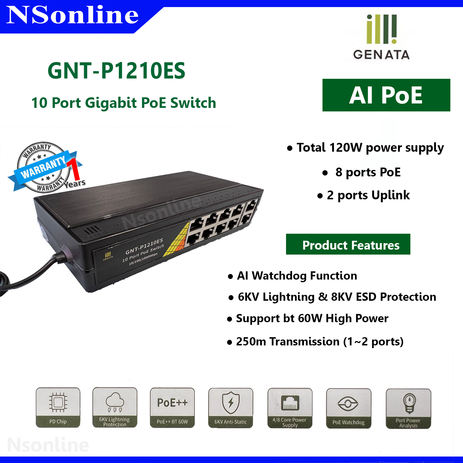 สวิตซ์ PoE GENATA AI PoE Switch 10 Port Gigabit รุ่น GNT-P1210ES | Lazada.co.th