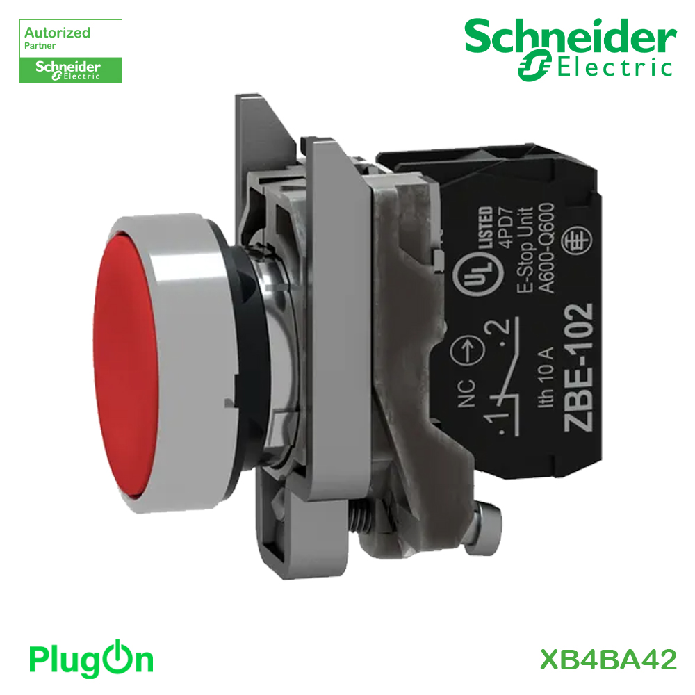 XB4BA42 - Schneider Electric - สวิตซ์ปุ่มกดหัวเรียบ - เด้งกลับ, Ø 22 mm ...