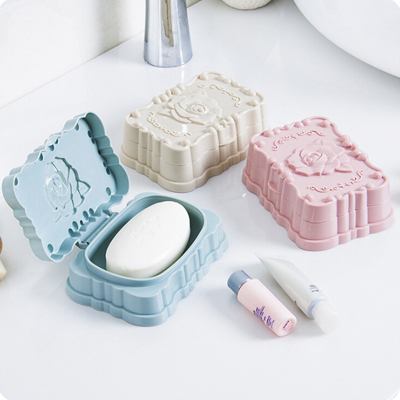 Rose Carved Portable Soap Dish Box Case Holder Wash Dust-proof Shower ...