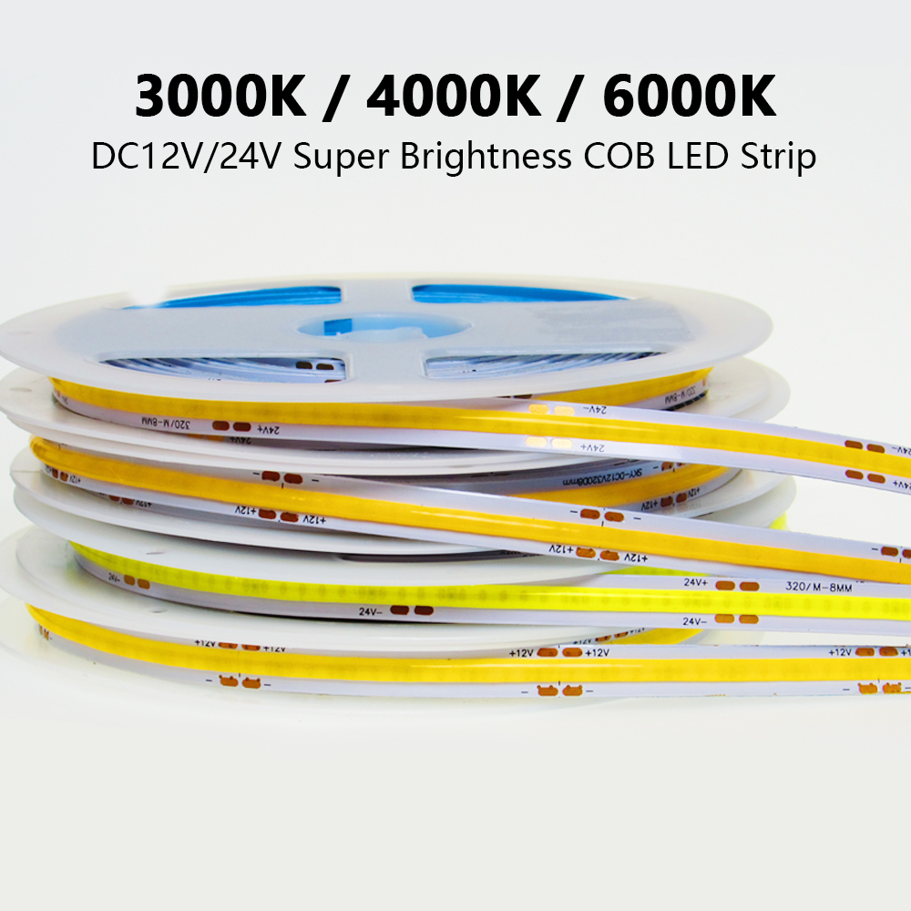 FCOB LED Strip Light 12V 24V 5M 300320 LEDsm High Density Flexible FCOB COB Led Lights RA90 Warm ...