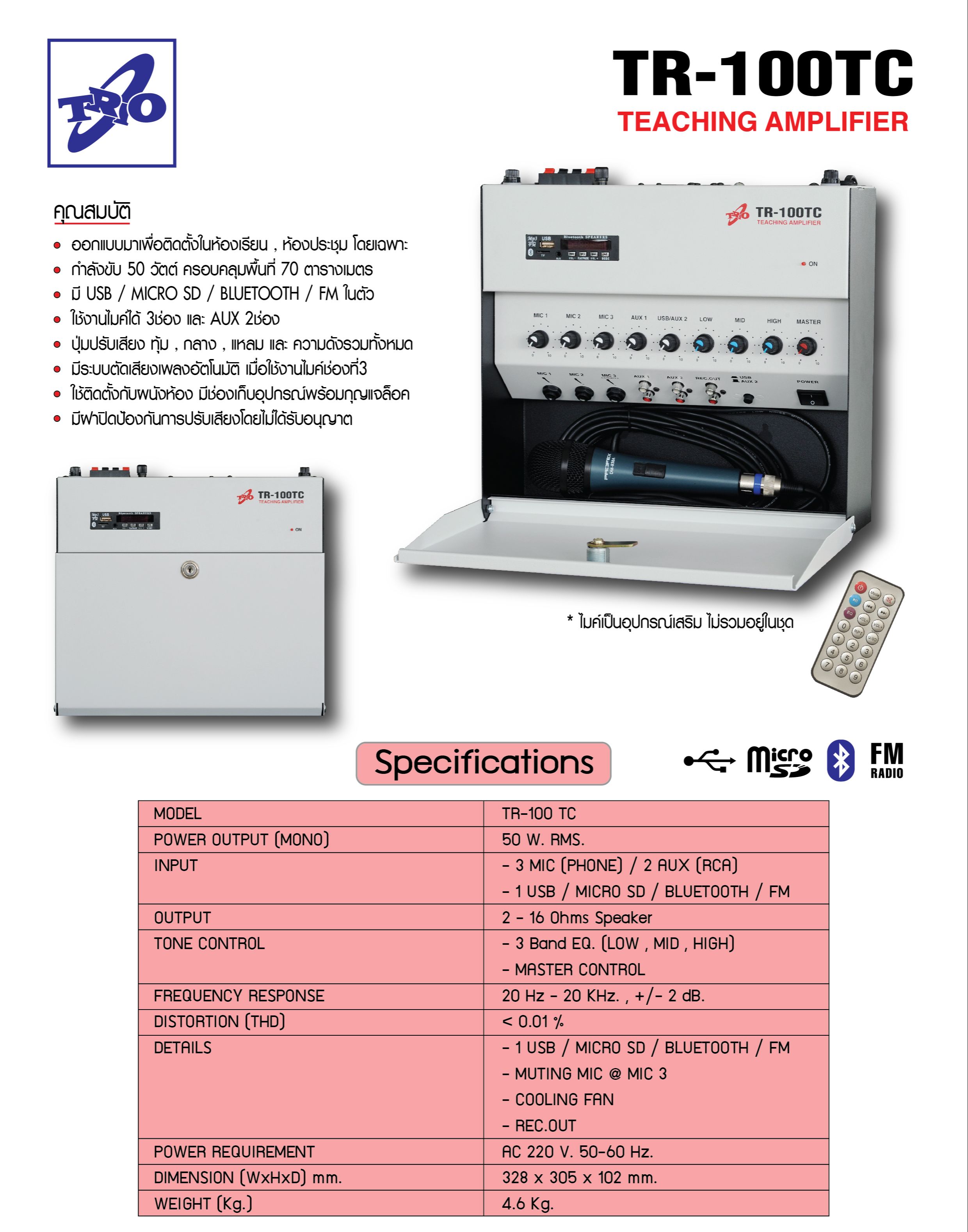 TEACHING AMPLIFIER / เครื่องขยายเสียงติดห้องเรียน และงานประกาศทั่วไป รุ่น TR-100TC | Lazada.co.th
