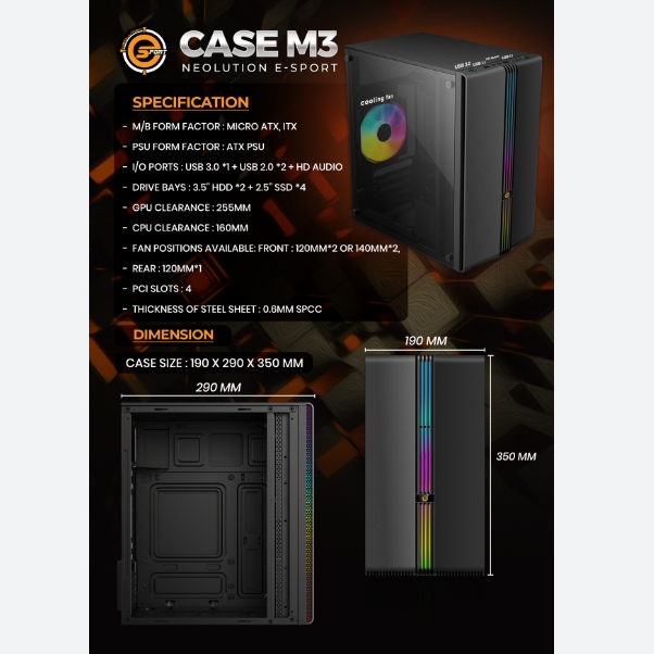 CASE (เคส) NEOLUTION M3 GAMING SPECIFICATION MB FORM FACTOR MICRO ATX ...