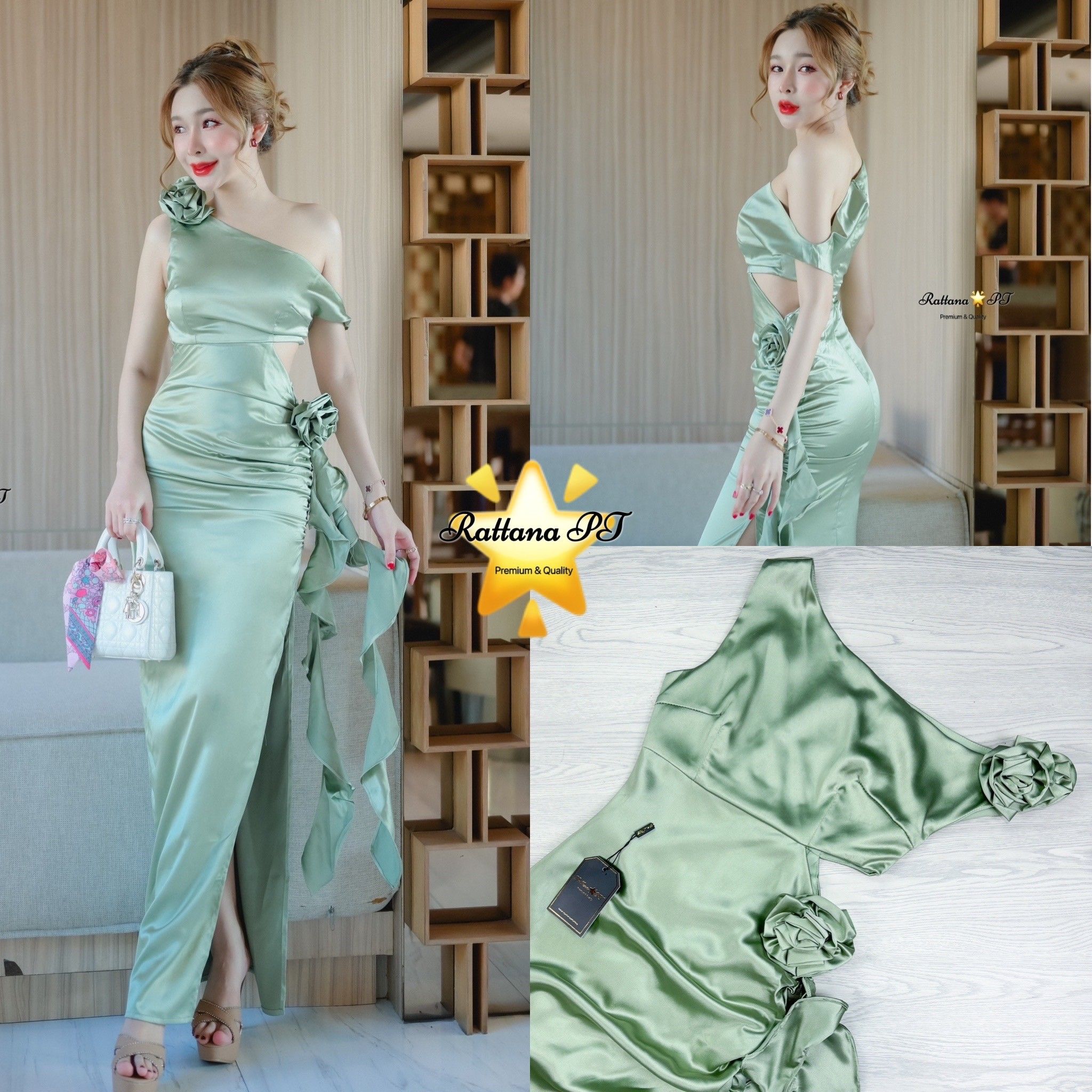 Rattana ชุดเดรสยาวสีเขียวปาดไหล่เก๋ๆ แต่งด้วยดอกไม้สามารถถอดออกได้ติดตรงไหนก็ได้ | Lazada.co.th