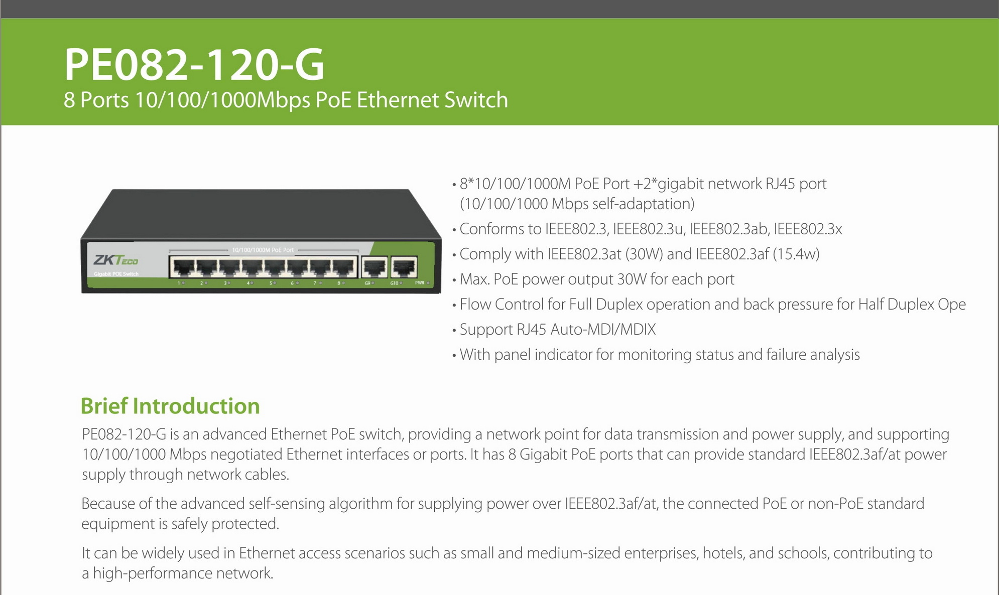 ZKTeco PE082-120-G Gigabit POE Switch 8 ช่อง ส่งกำลังไฟได้สูงถึง 30W ต่อช่อง | Lazada.co.th