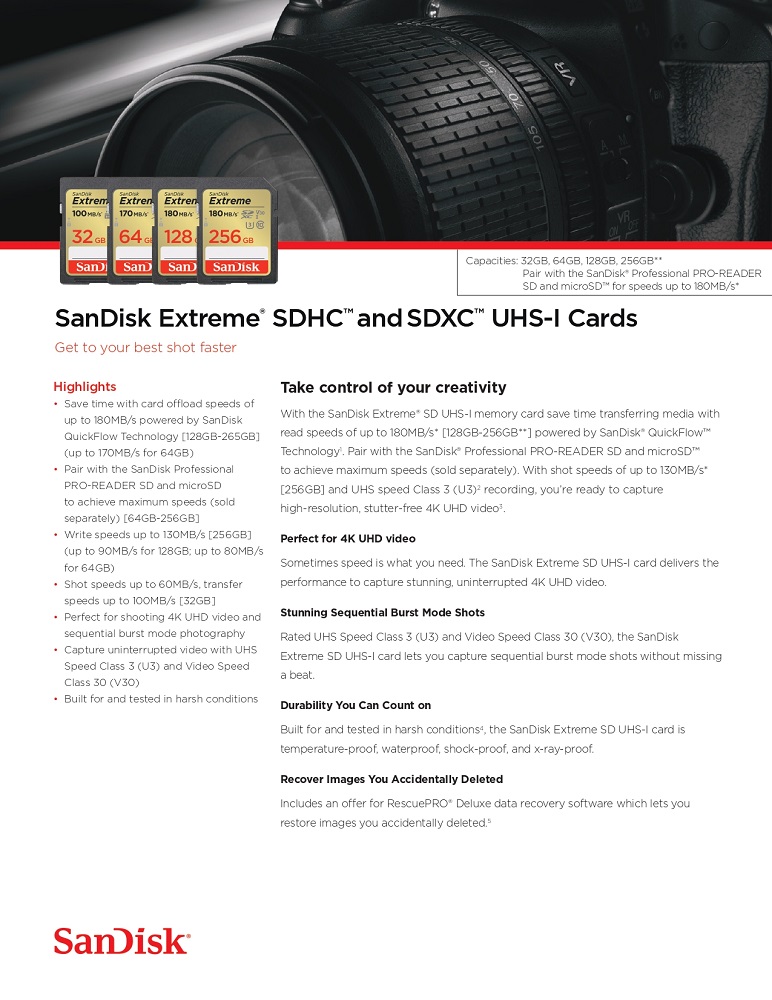 Sandisk Extreme 256GB U3 V30 R180W130 UHS-I SDXC Memory Card SDSDXVV-256G-GNCIN (ประกันศูนย์ ...