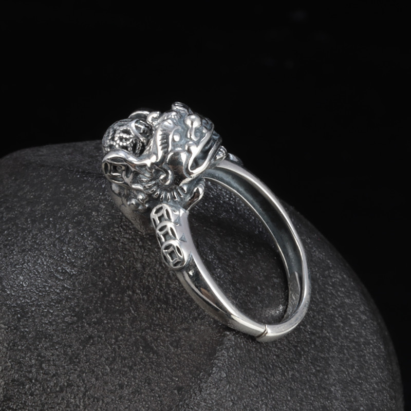 LR-S925 เงินสเตอร์ลิงปี่ซิ่วริงย้อนยุค แหวนนำโชค เหรียญ ฮวงจุ้ย ลูกบอลกลมหมุนได้ แหวนมงคล ปรับ ...