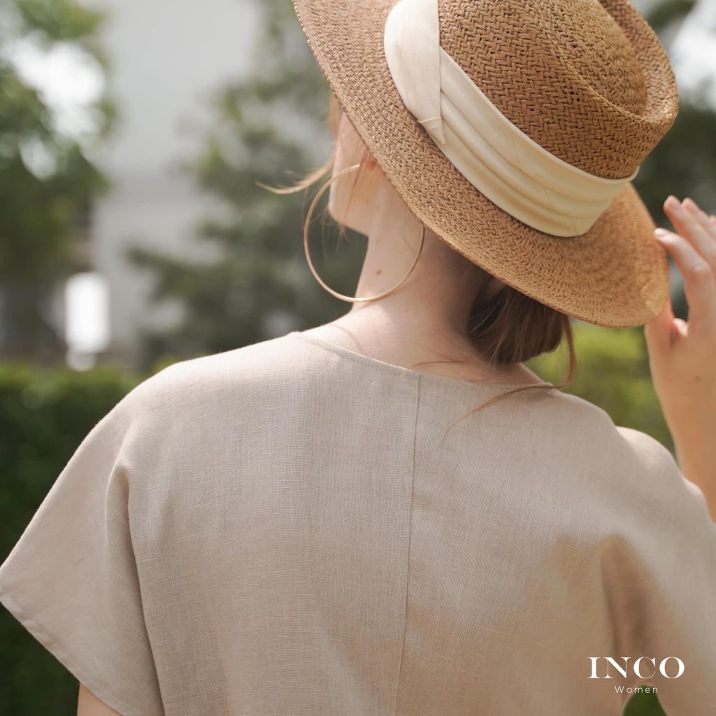 INCO WOMEN เดรสแขนสั้น เดรสลินินคอวี ผ่าสาบหน้า ผ้าลินินแท้ 100 - MixASale