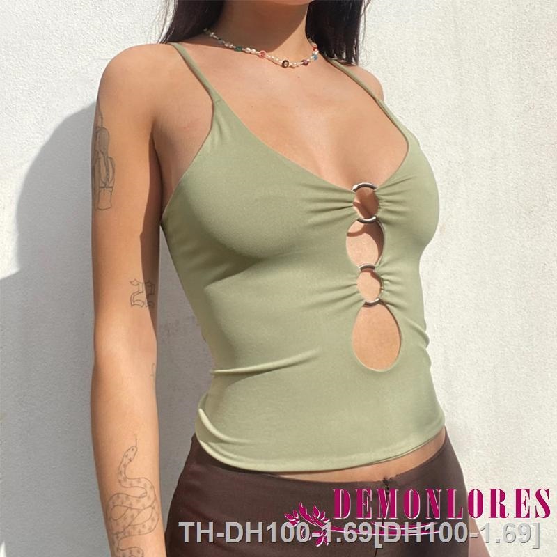 DH100-1.69 Demq- เสื้อครอปท็อปคอยูสีพื้นแบบรัดรูปตกแต่ง U สําหรับผู้หญิง - jiu423 - ThaiPick