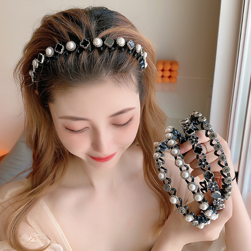 Four Leaf Clover Non-Slip Headband Pearl Women Hair Hoop Double Bangs ...