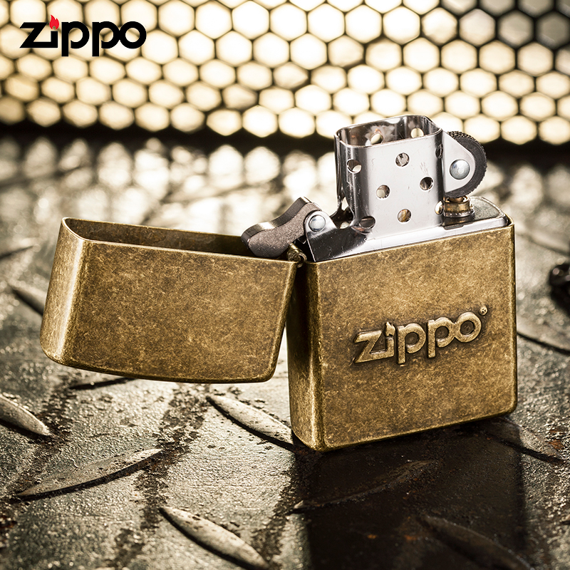 Zippo Antique Brass Windproof Pocket Lighter Stamped With Zippo Logo ...
