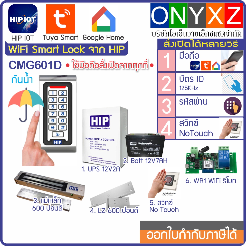 HIP CMG601-Smart เปิดประตูผ่านแอป เปิดด้วยมือถือ ทาบบัตรกันน้ำ กดรหัสเปิดประตู พร้อมชุดกลอน ...