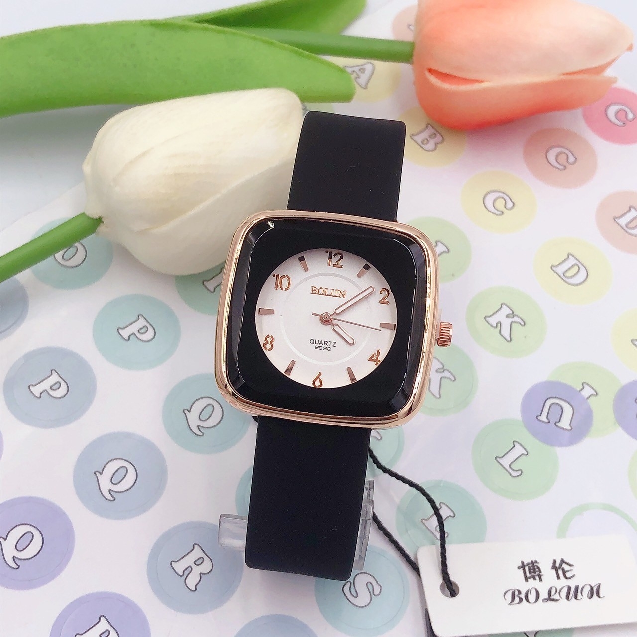 นาฬิกาข้อมือ BOLUN หน้าเหลี่ยมขอบพิ้งค์ สายซิลิโคลนนิ่ม น่ารัก สายใส่ ...