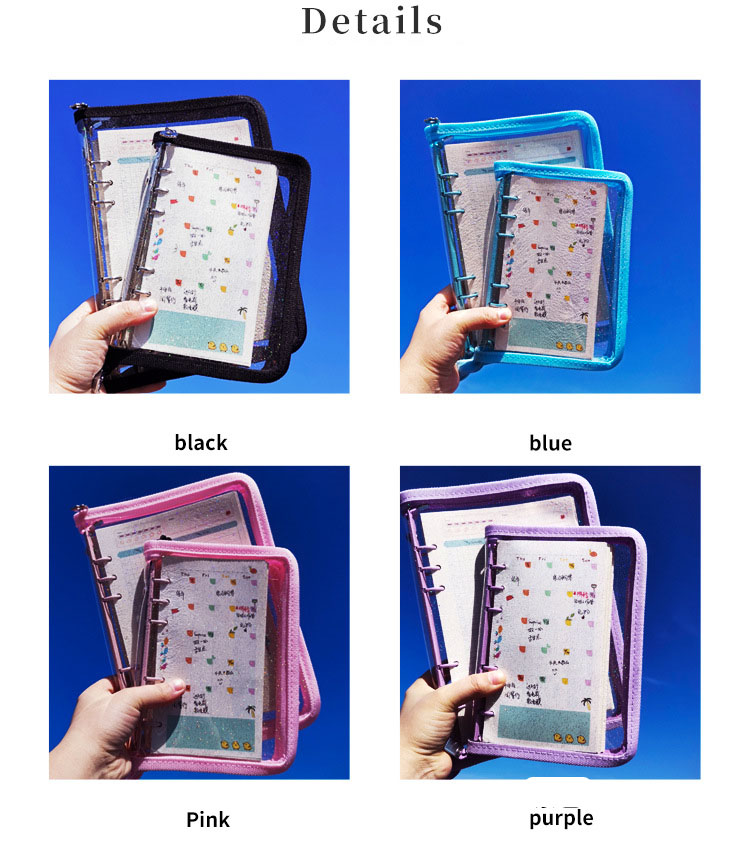 Pinlinoo standard a5 glitter zipper binder sleeve clear 6ring 4pocket ...