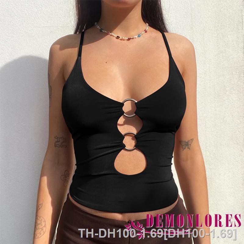 DH100-1.69 Demq- เสื้อครอปท็อปคอยูสีพื้นแบบรัดรูปตกแต่ง U สําหรับผู้หญิง - jiu423 - ThaiPick