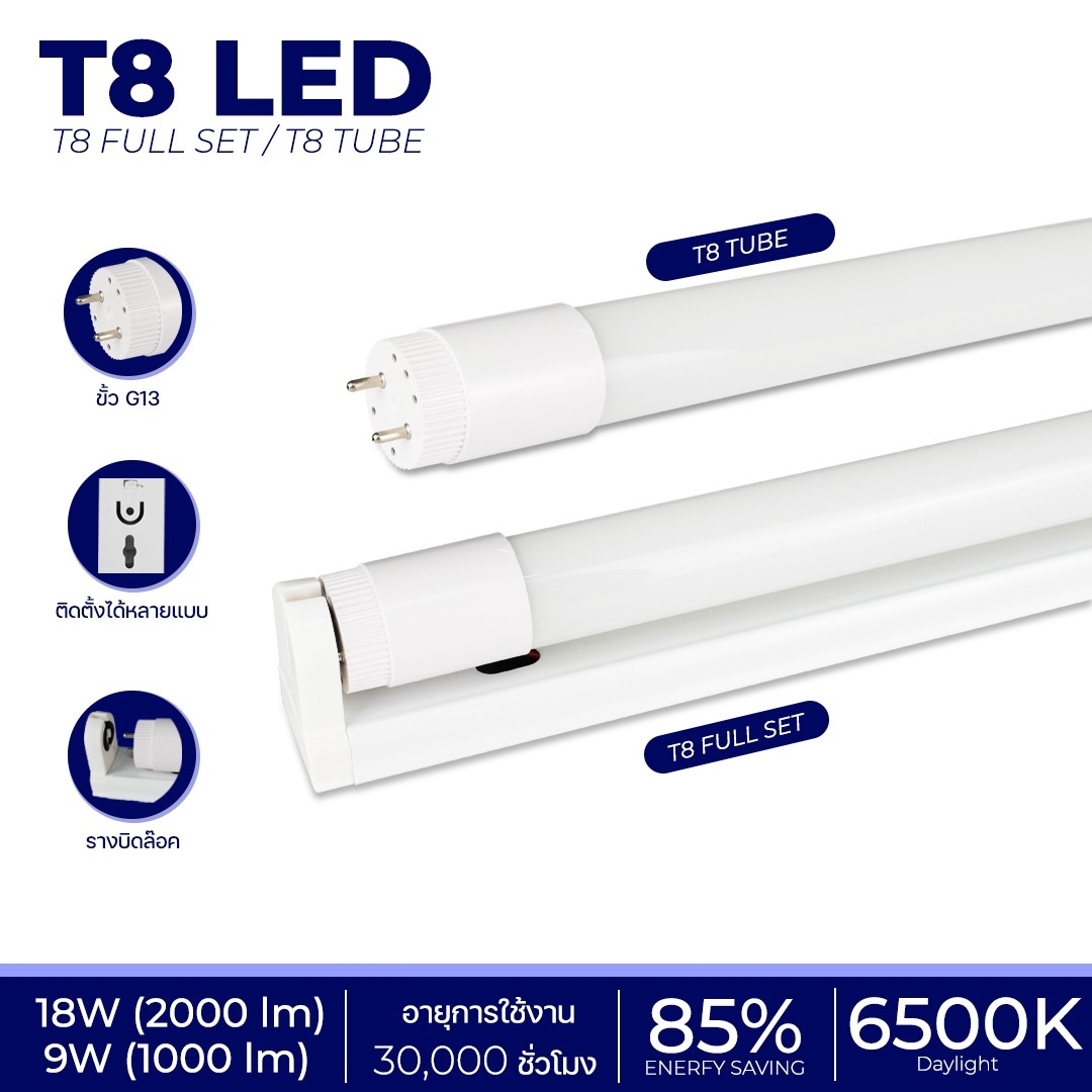 T8 LED หลอดยาวLED ( T8 FULL T8 TUBE )แสงสีขาว 9W 1000lm 18W 2000lm ขั้ว ...