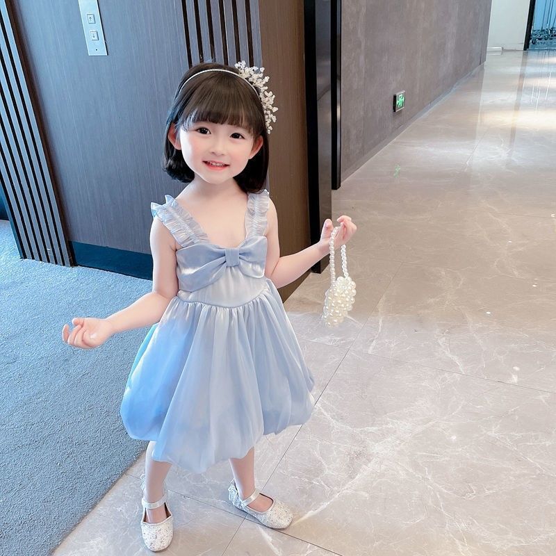 Babyonline(Y042)B1 ชุดเดรสเจ้าหญิงแต่งโบว์ผ้าไหมแก้วนุ่มลื่น มันเงา ...