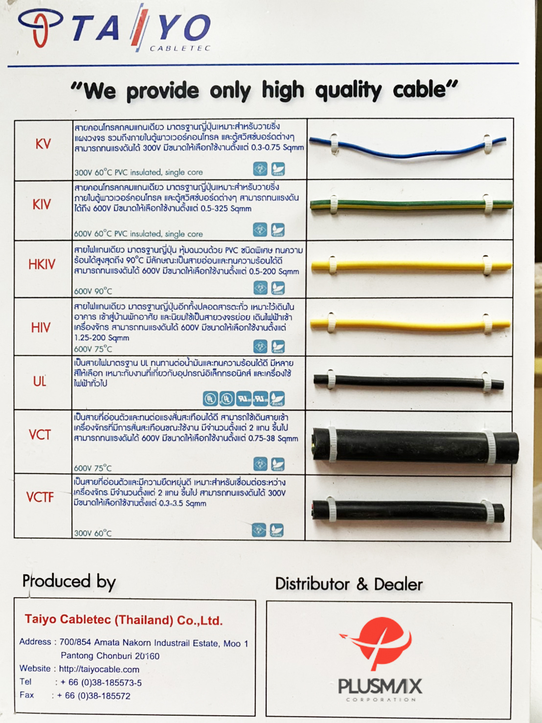สายไฟ ญี่ปุ่น ไทโย TAIYO Cable KIV(AY)LF 1.25 SQ (100MM) สีน้ำเงิน 100 เมตร - Plusmax Po - ThaiPick