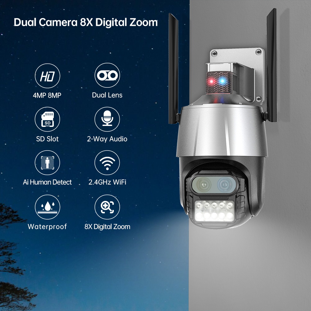 BESDER 4MP 4K กล้อง Wifi กลางแจ้งพร้อมสัญญาณกันขโมยไซเรน Dual เลนส์ 8X ...