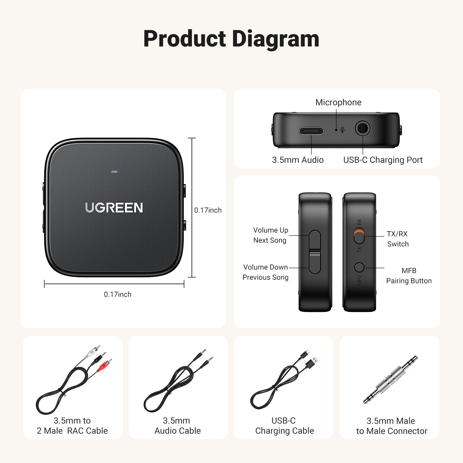 UGREEN Bluetooth 5.2 Transmitter Receiver 2-in-1 Wireless 3.5mm Aux Bluetooth Adapter Compatible ...