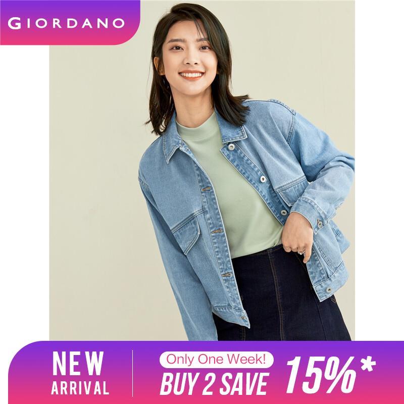 GIORDANO Women Jackets Cargo Flap Pockets Button Closure Denim Jackets Turn-Down Collar Solid ...