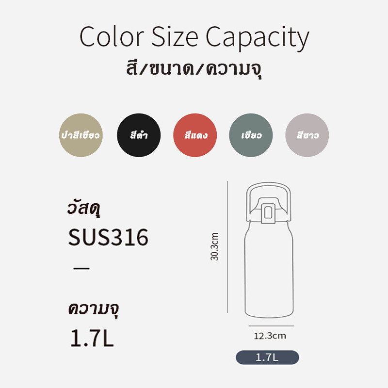 DTC กระบอกน้ำ สแตนเลส316 มีหูหิ้ว กระบอกน้ำเก็บเย็น ขนาดใหญ่1700ML แบบหลอดดูด เก็บน้ำร้อนเย็น มี ...