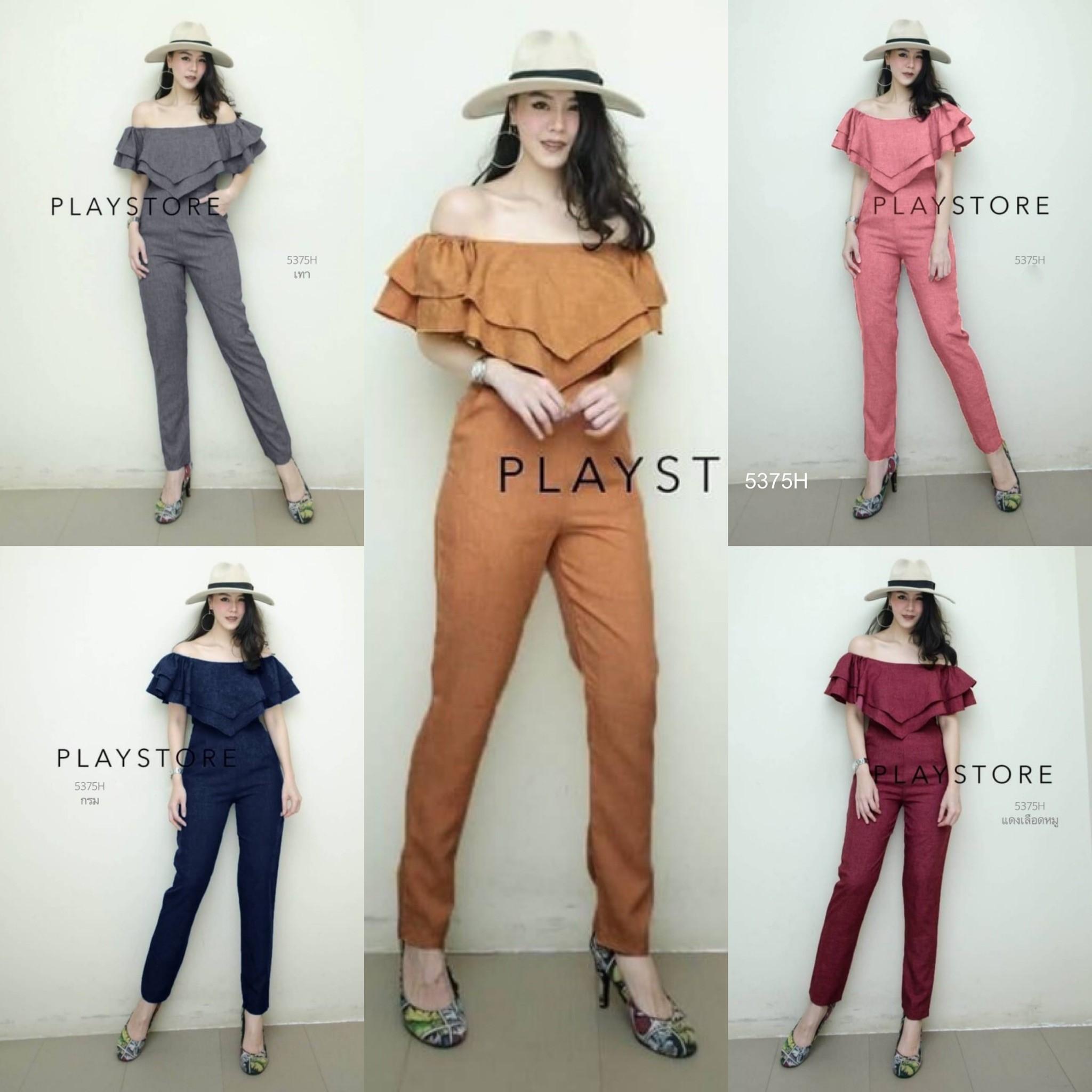 J5375 Jumpsuit จั๊มสูท สามเหลี่ยมปาดไหล่ ขายาว - JShop Fashion - ThaiPick