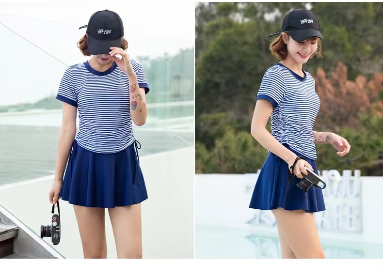 ชุดว่ายน้ำแฟชั่นผู้หญิงเสื้อแขนสั้น+กระโปรง 2236 เสื้อลายทาง นื้อผ้า ...