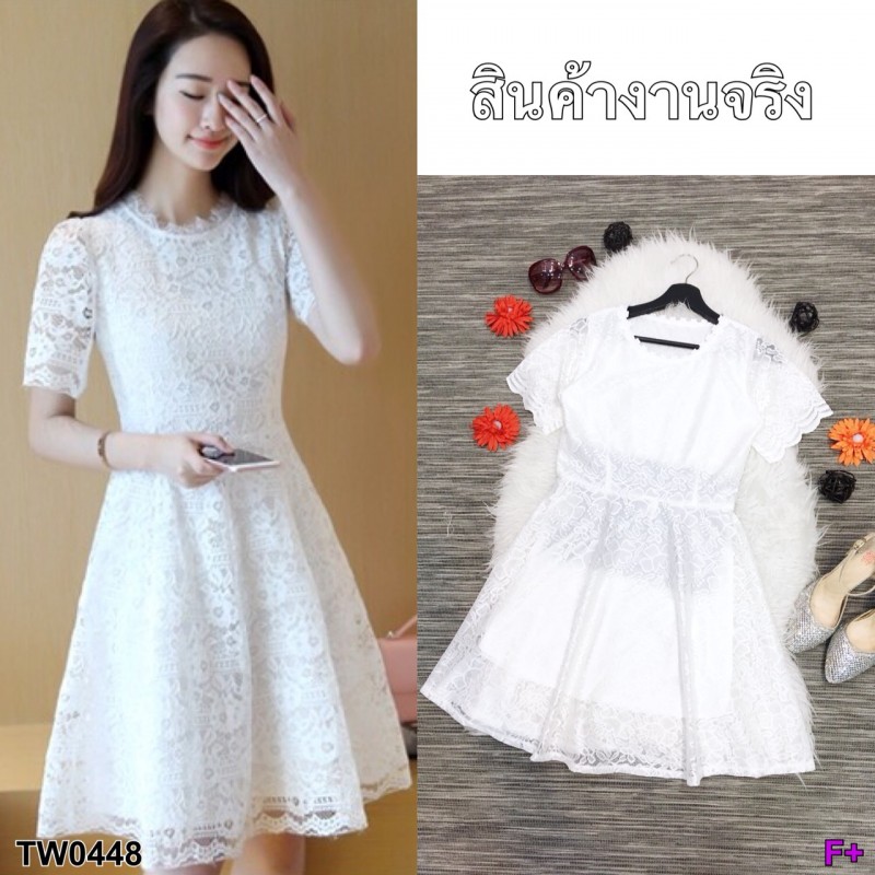 J0448 Dress เดรสลูกไม้คอกลม แขนสั้นแบบกว้าง - JShop Fashion - ThaiPick