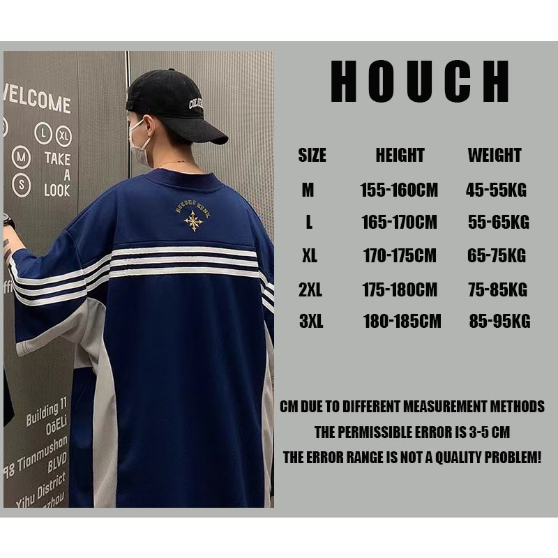 Houch พร้อมส่ง COD ผู้ชายอเมริกันคอวีปักเสื้อหลวม - HOUCH - ThaiPick