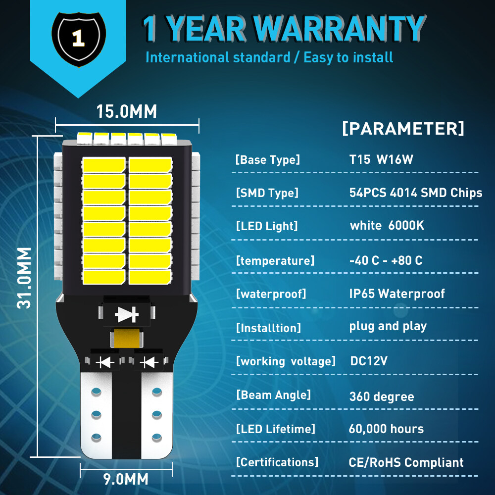 ANMINGPU 2ชิ้น T15 W16W 1600Lm LED Canbus หลอดไฟ LED สำรองไฟท้ายรถยนต์ ...