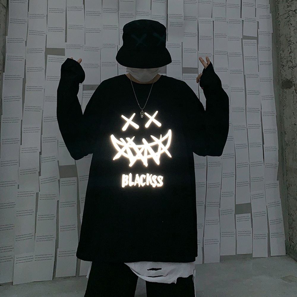 Ins Korean Harajuku Style Street Hip-Hop Reflective Dark Print Loose Pullover Long Sleeve T ...