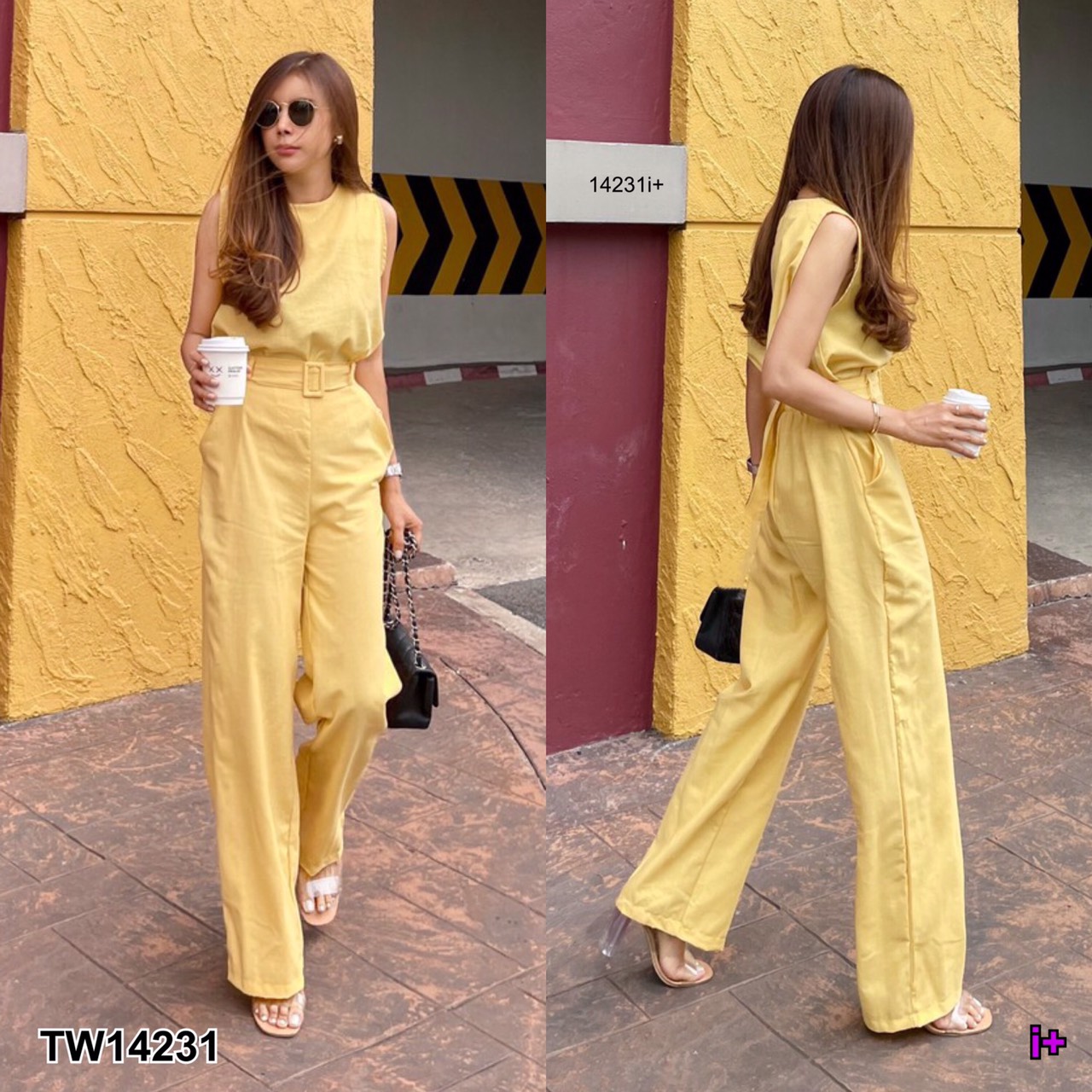 14231 Set เสื้อแขนกุด + กางเกงขายาว + เข็มขัด Set: sleeveless shirt ...