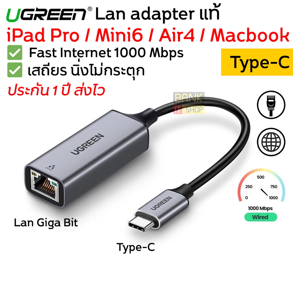 สายแลนอินเตอร์เน็ต (ประกัน1ปี) UGREEN ตัวแปลง สายแลน Type C to Lan ( iPad Air4 / iPad Pro / iPad ...