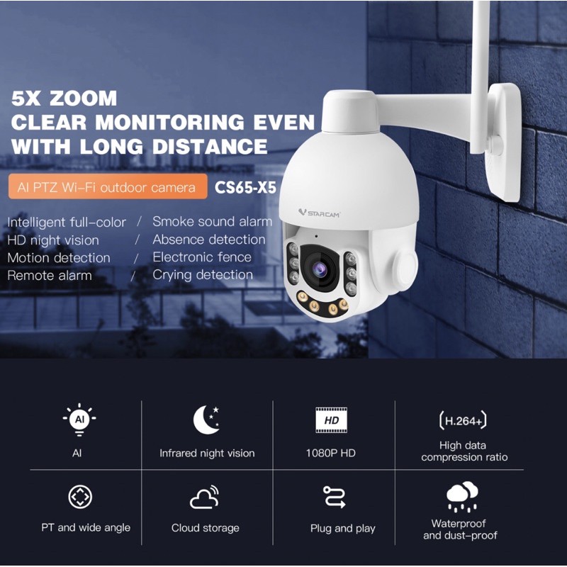 VSTARCAM Outdoor กล้องไร้สายภายนอก CS65-X5 (ซูม5เท่า) คมชัด 3 ล้าน 1296P กันน้ำ 100% รับประกัน 1 ...