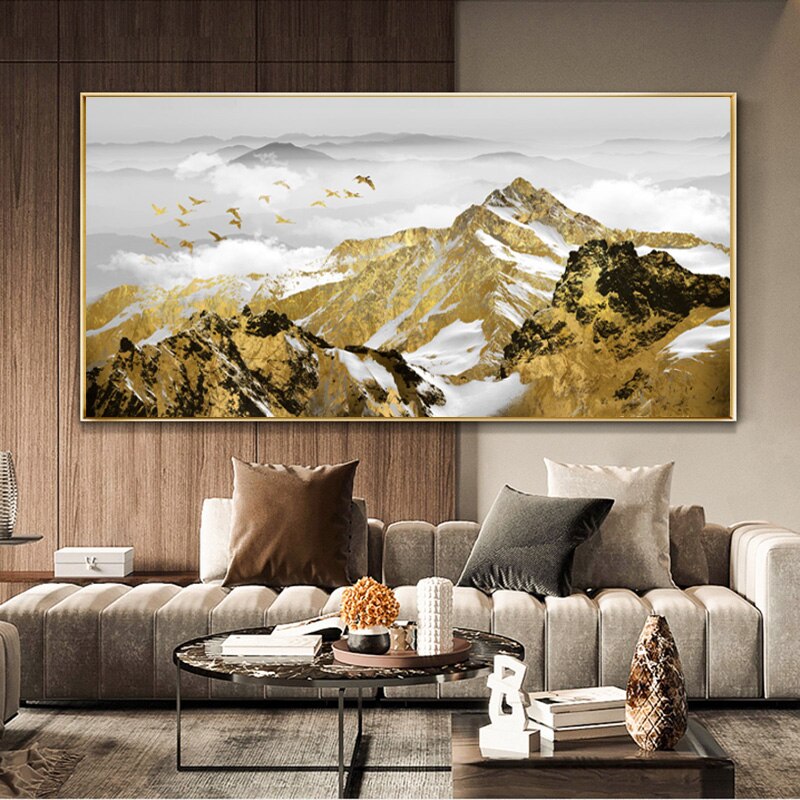 หิมะสีทองและภูเขาและนกภูมิทัศน์โปสเตอร์พิมพ์ผ้าใบจิตรกรรมฝาผนังรูปภาพ