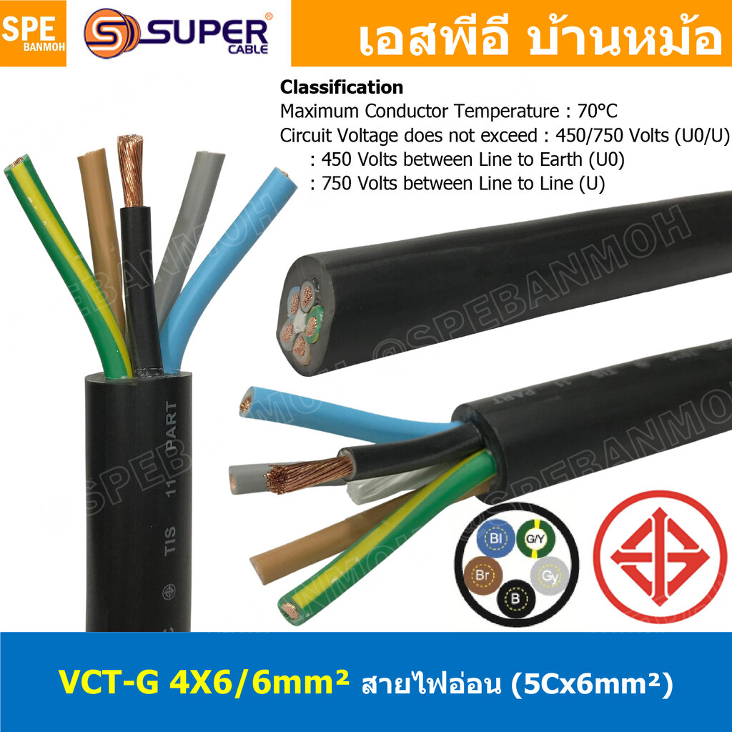 [ 1 เมตร ] VCT-G 4X6.0/6.0 สายคอนโทรลและสายอ่อน 4 คอร์ + กราวด์ x 6.0 sq.mm VCT 4C+GRD VCT 5คอร์ ...