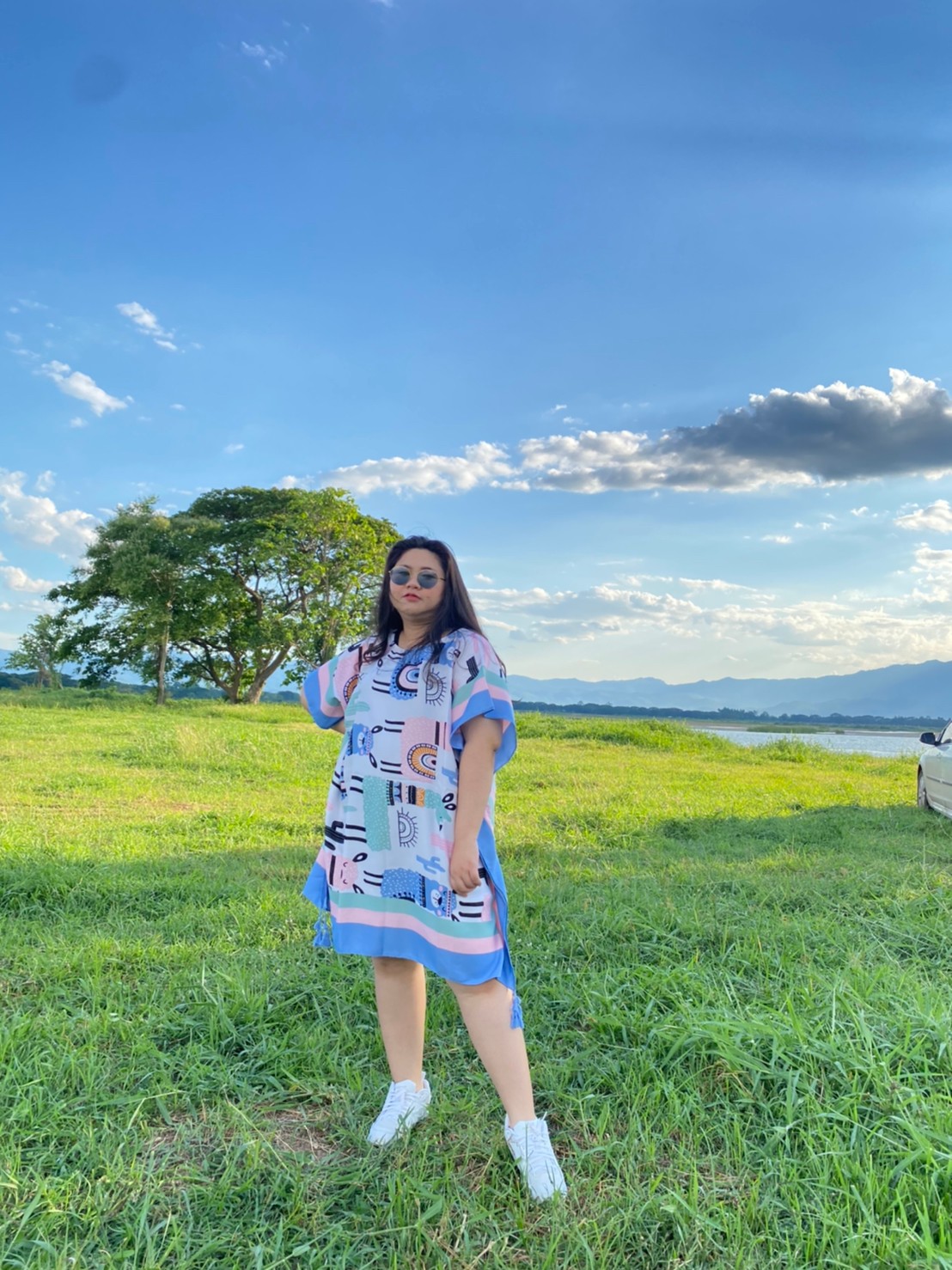 เดรสโบฮีเมียน D09-C คอปาด เดรสสาวอวบ เนื้อผ้าโพลีอีสเตอร์ ผ้านิ่มลายโบ ...