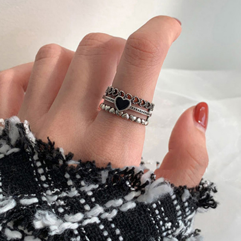 Retro Spades Heart Love Three-Layer 925 Sterling Silver Adjustable ...