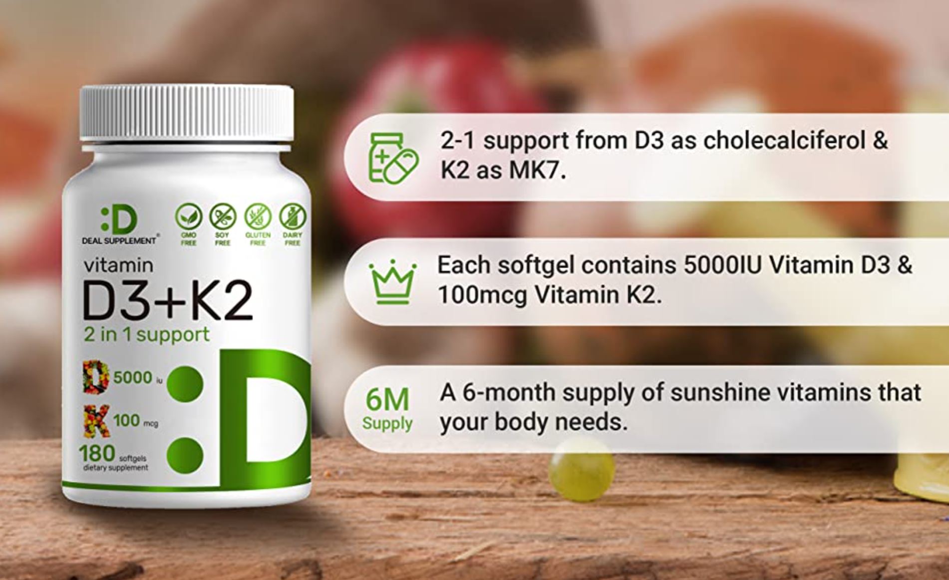 Vitamin D3 K2 Softgel 180 Counts 2-1 Complex Vitamin D3 5000 IU Vitamin K2 MK7 - 365DDPRODUCT ...