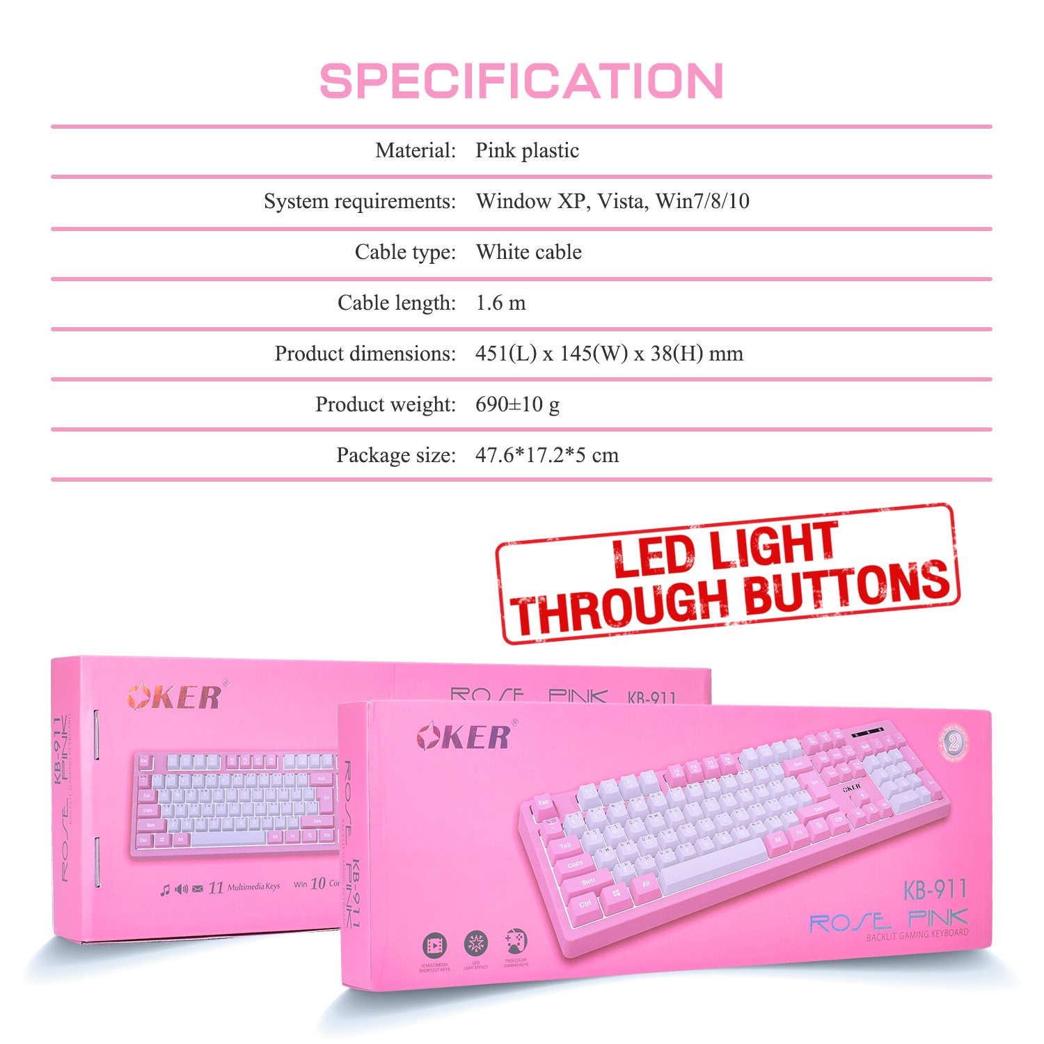 ส่งเร็ว OKER KB-911 ไฟทะลุ ROSE PINK BACKLIT GAMING KEYBOARD RGB คีย์บอร์ด เกมมิ่ง สีชมพู สวย ...